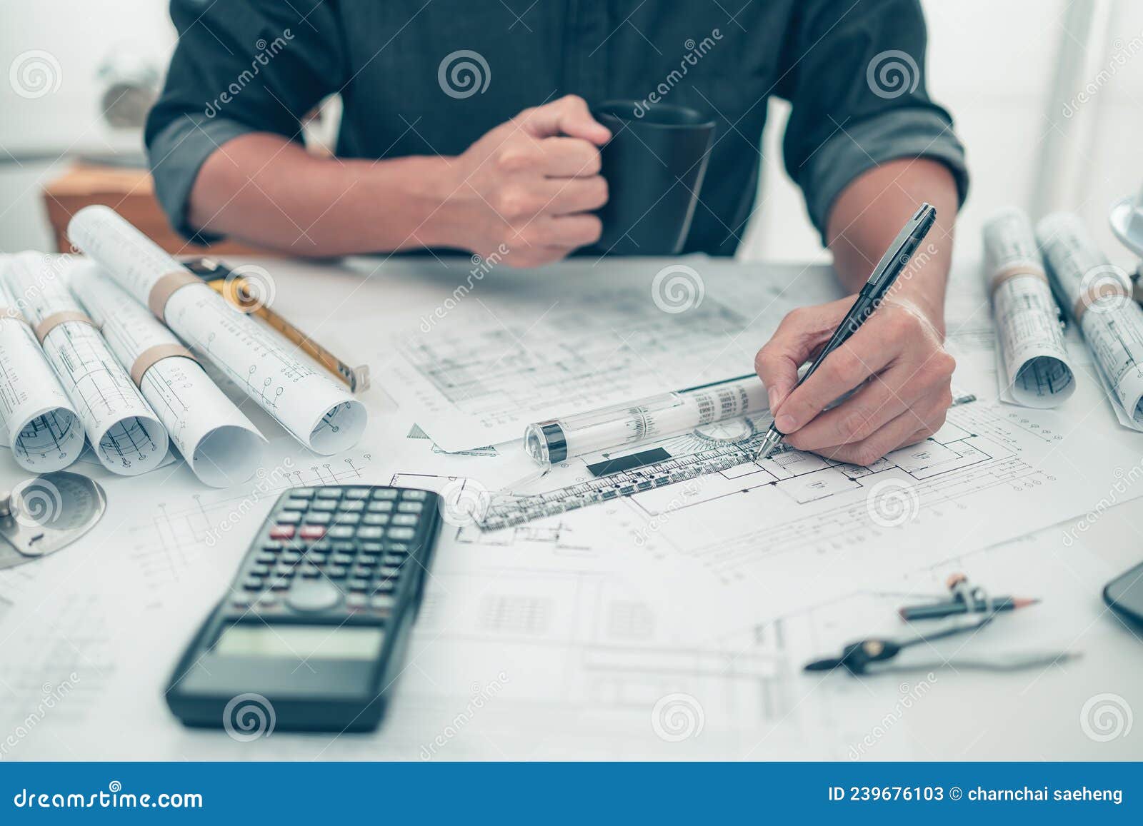 Architect Engineer Use Pen and Mini T-slide Drawing Design Working on ...