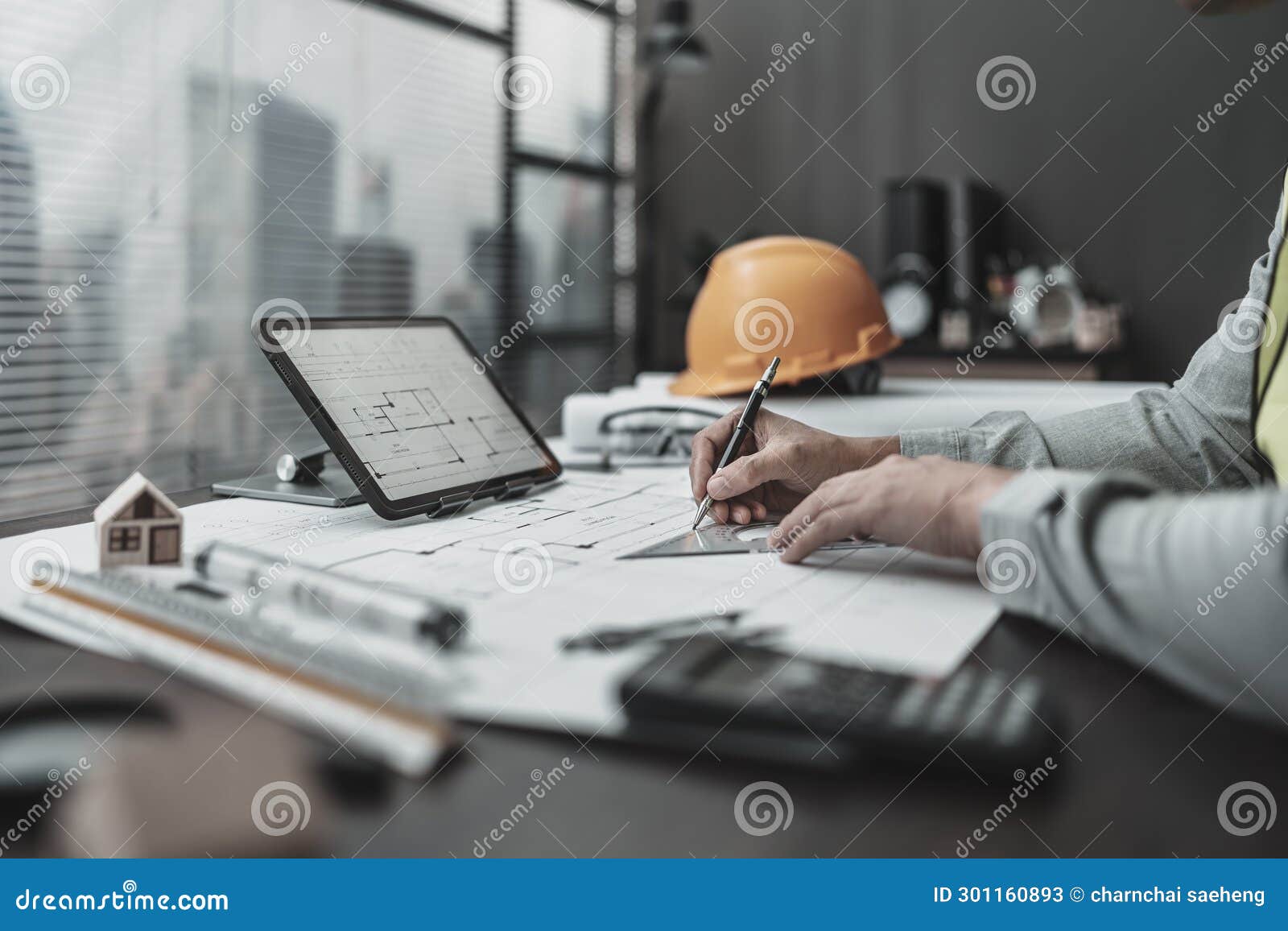 Architect Engineer Use Pen and Scalene Triangles Drawing Design Working ...