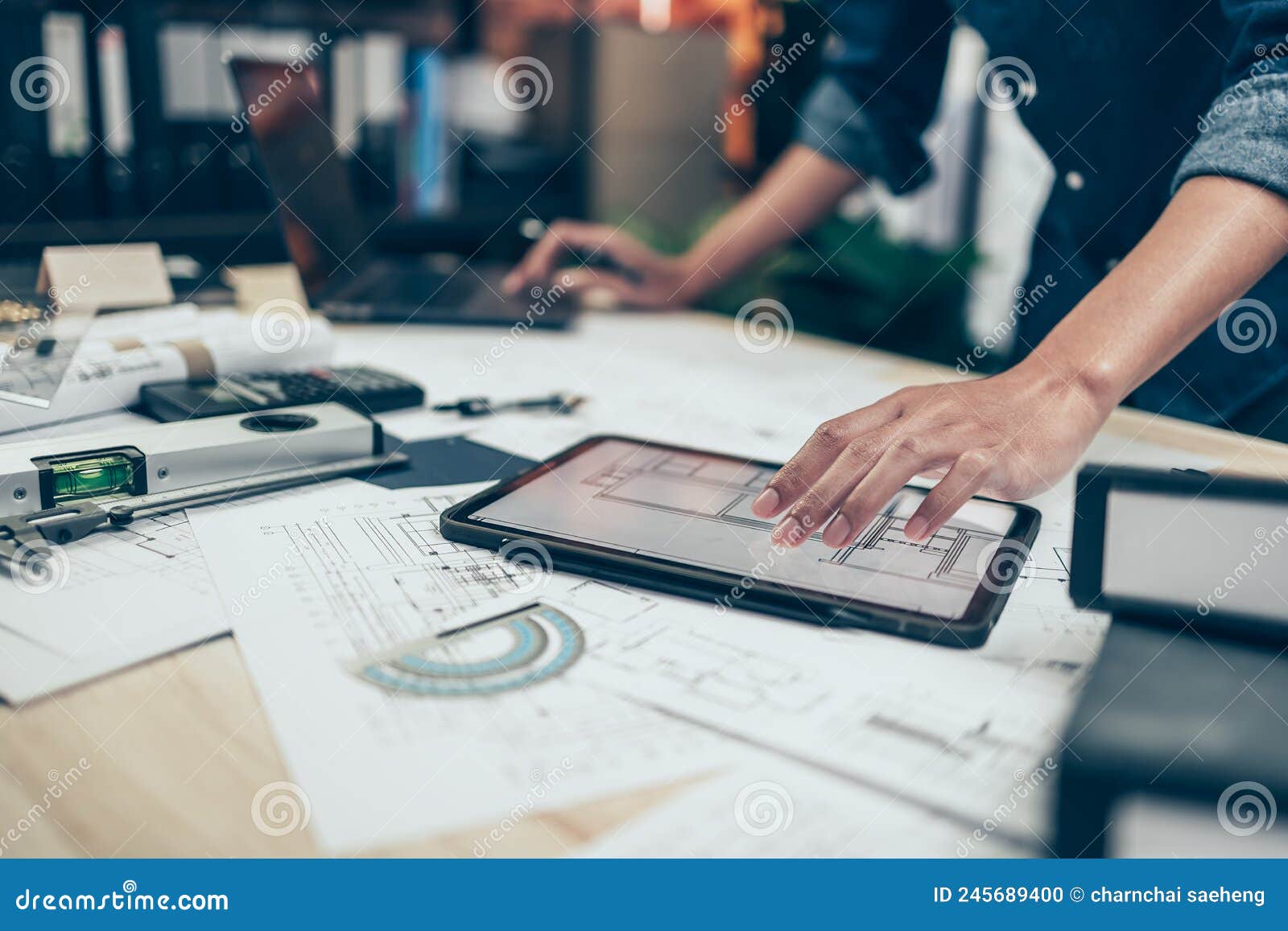 Architect Engineer Use Tablet To Read Drawing Design. House Planning ...