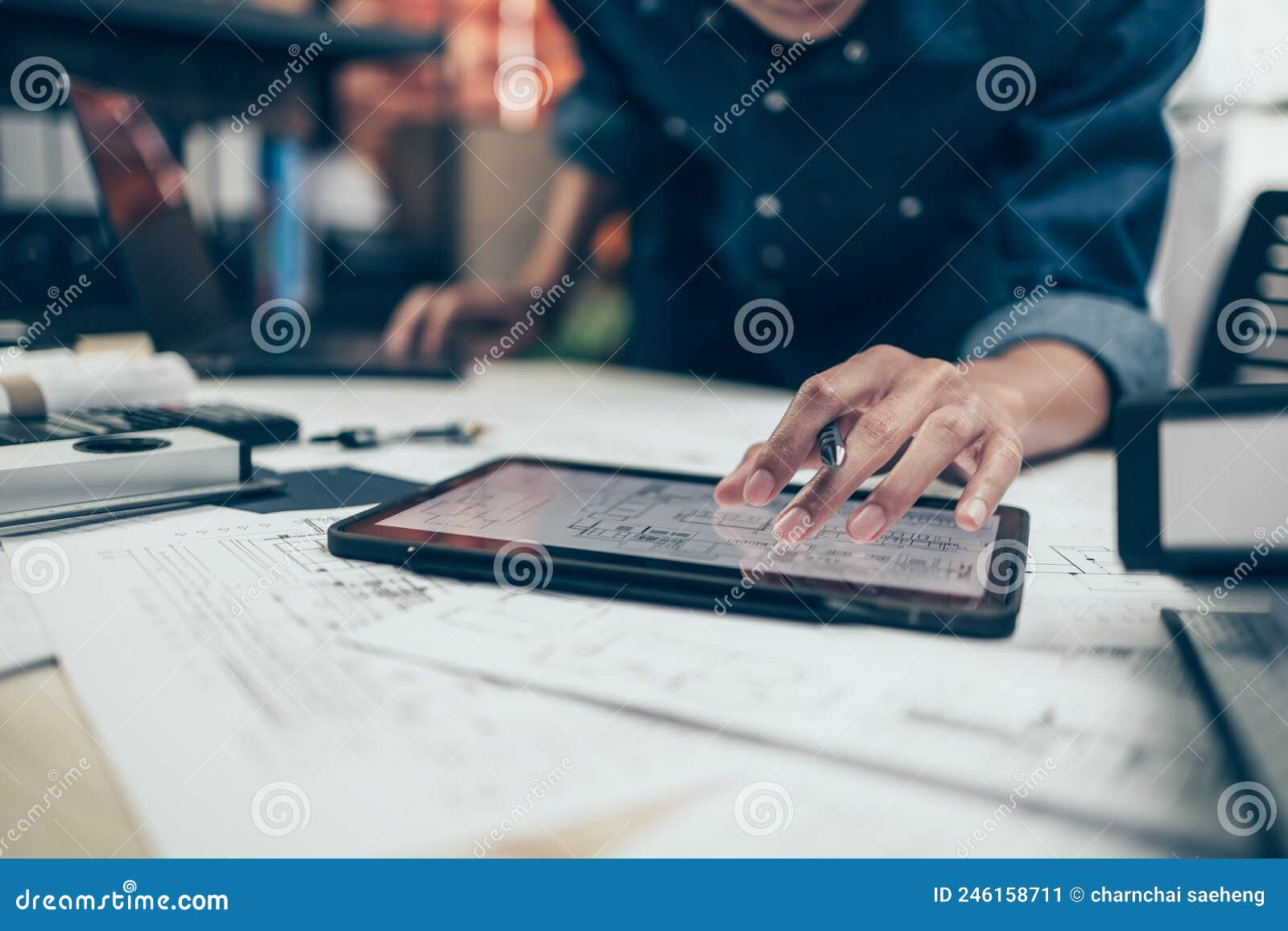 Architect Engineer Use Tablet To Read Drawing Design. House Planning ...