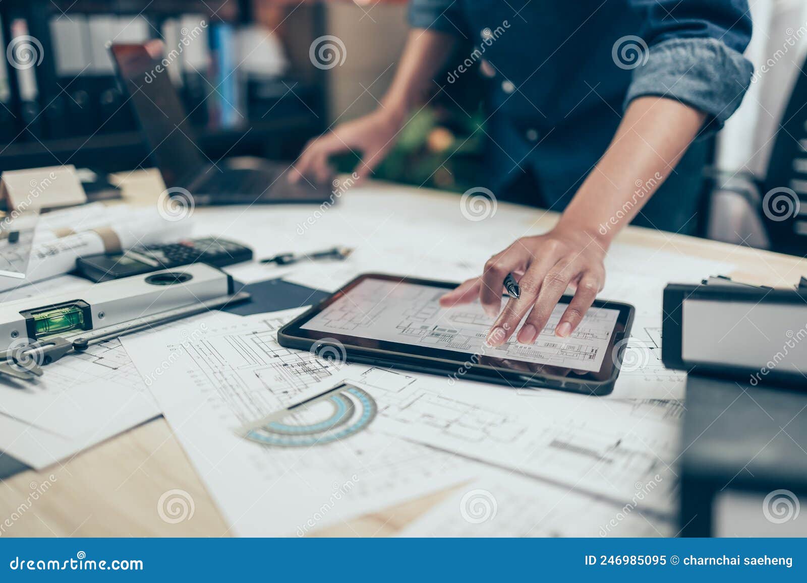 Architect Engineer Use Tablet To Read Drawing Design. House Planning ...