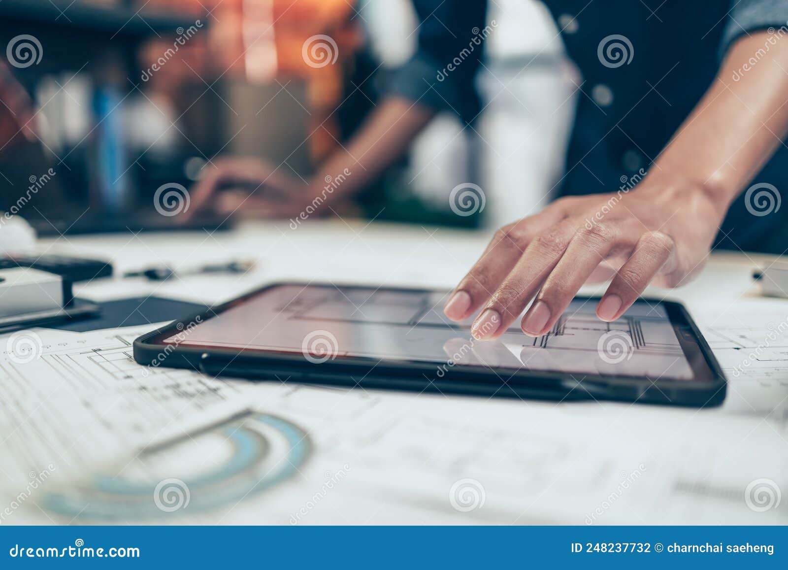 Architect Engineer Use Tablet To Read Drawing Design. House Planning ...