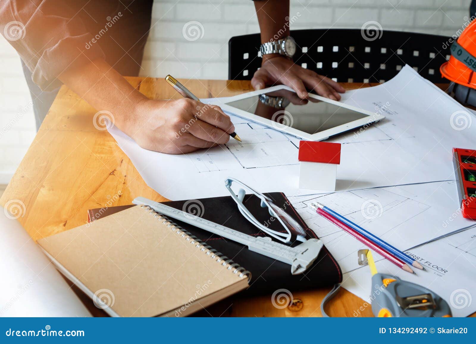 Architect or Engineer Using Pen Working on Blueprint Stock Photo ...