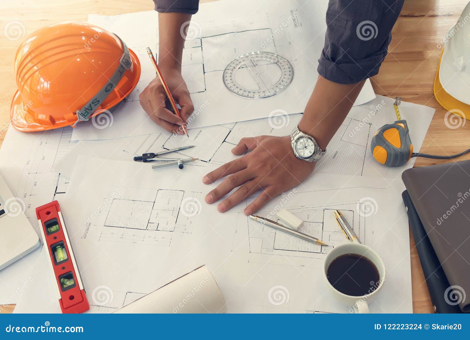 Architect or Engineer Using Pencil Working on Blueprint Stock Photo ...