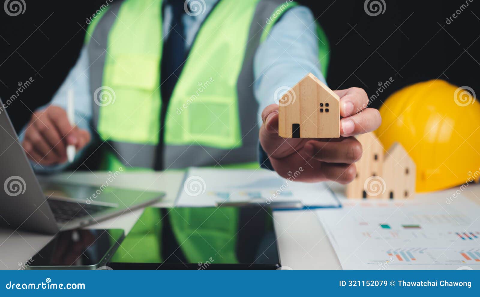 Architect or Engineer Using Tablet To Work on Table, Construction ...