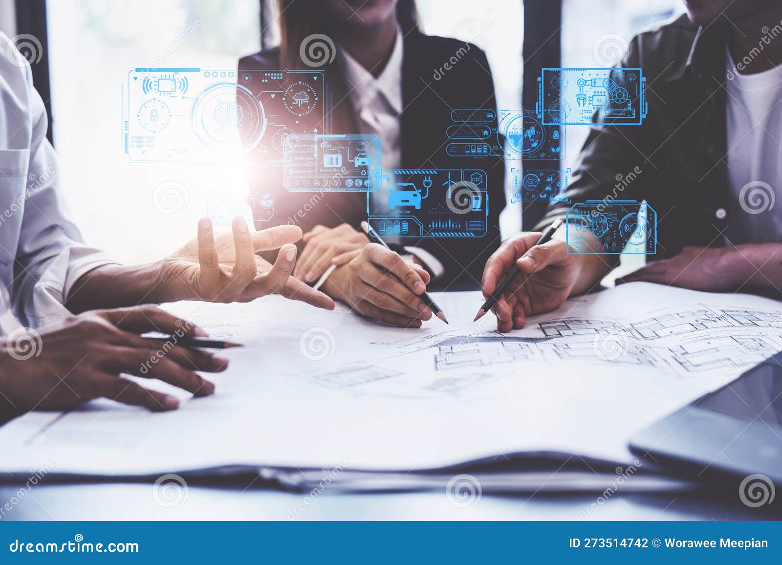 Architect and Engineer Working with Blueprints for Architectural Plan ...