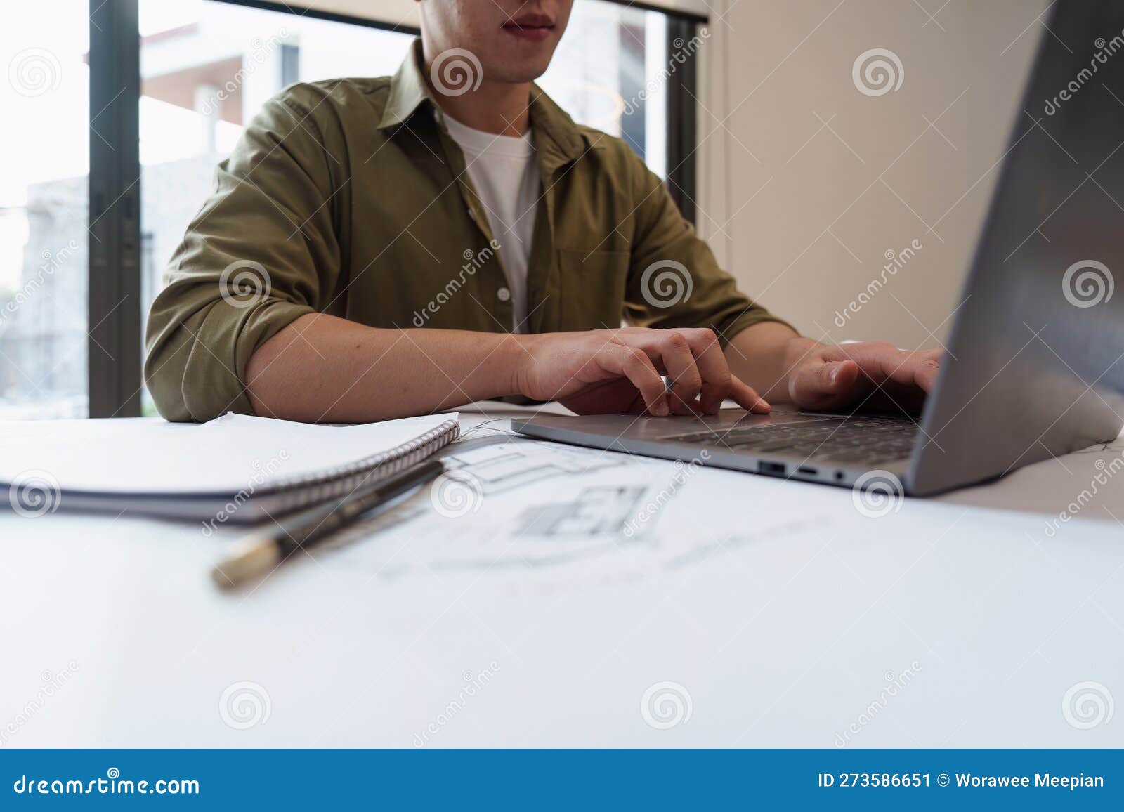 Architect or Engineer Working with Blueprints for Architectural Plan ...