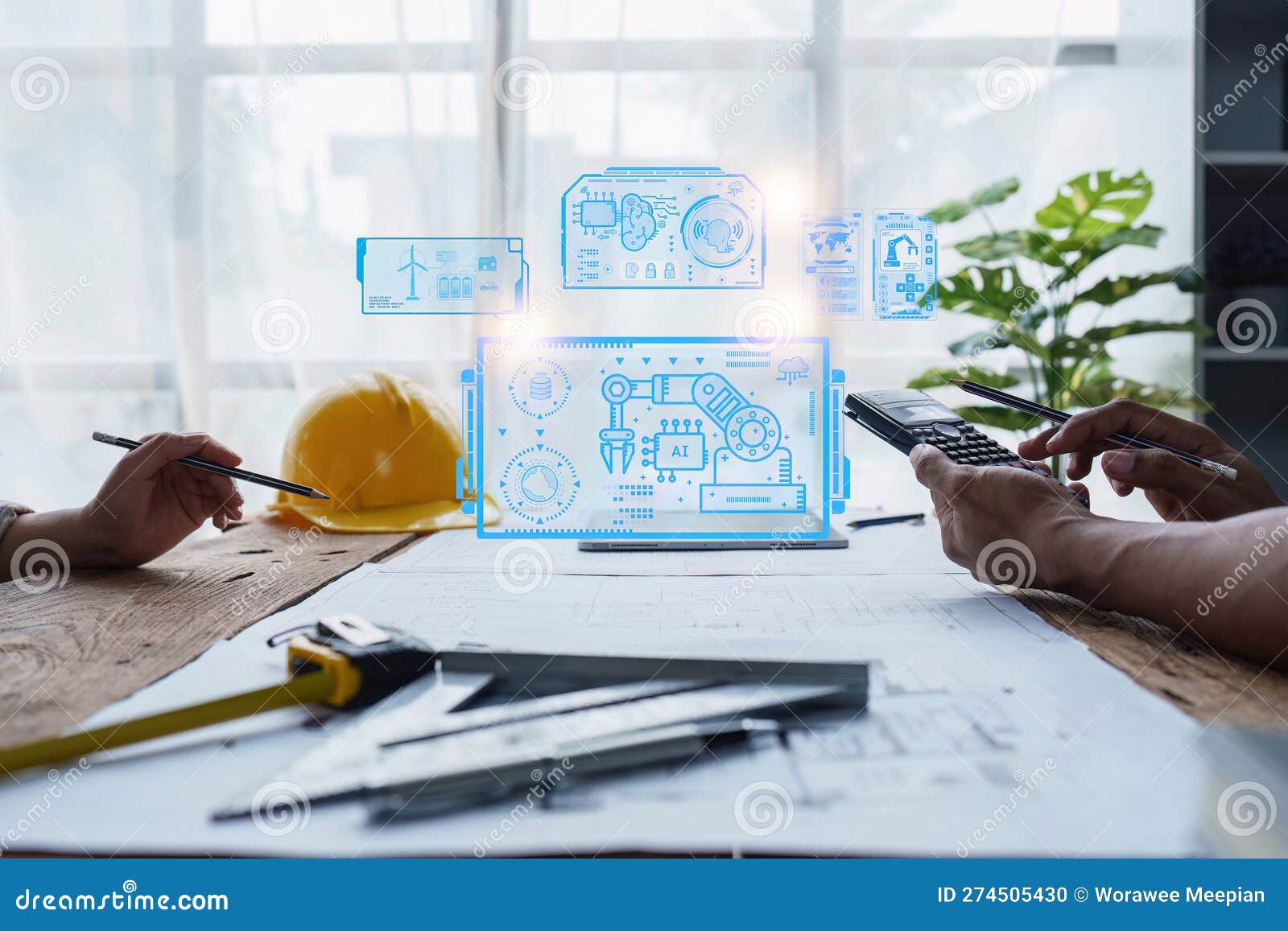 Architect and Engineer Working with Blueprints for Architectural Plan ...