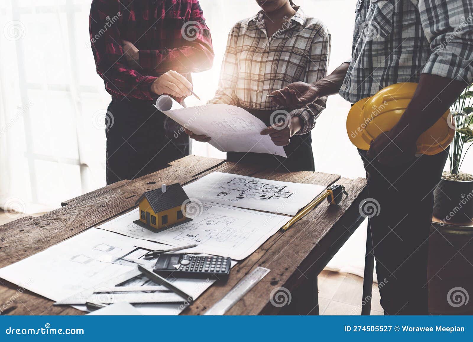 Architect and Engineer Working with Blueprints for Architectural Plan ...