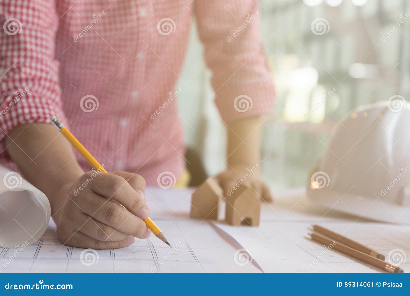 Architect or Engineer Working with Blueprints in Office, Construction ...