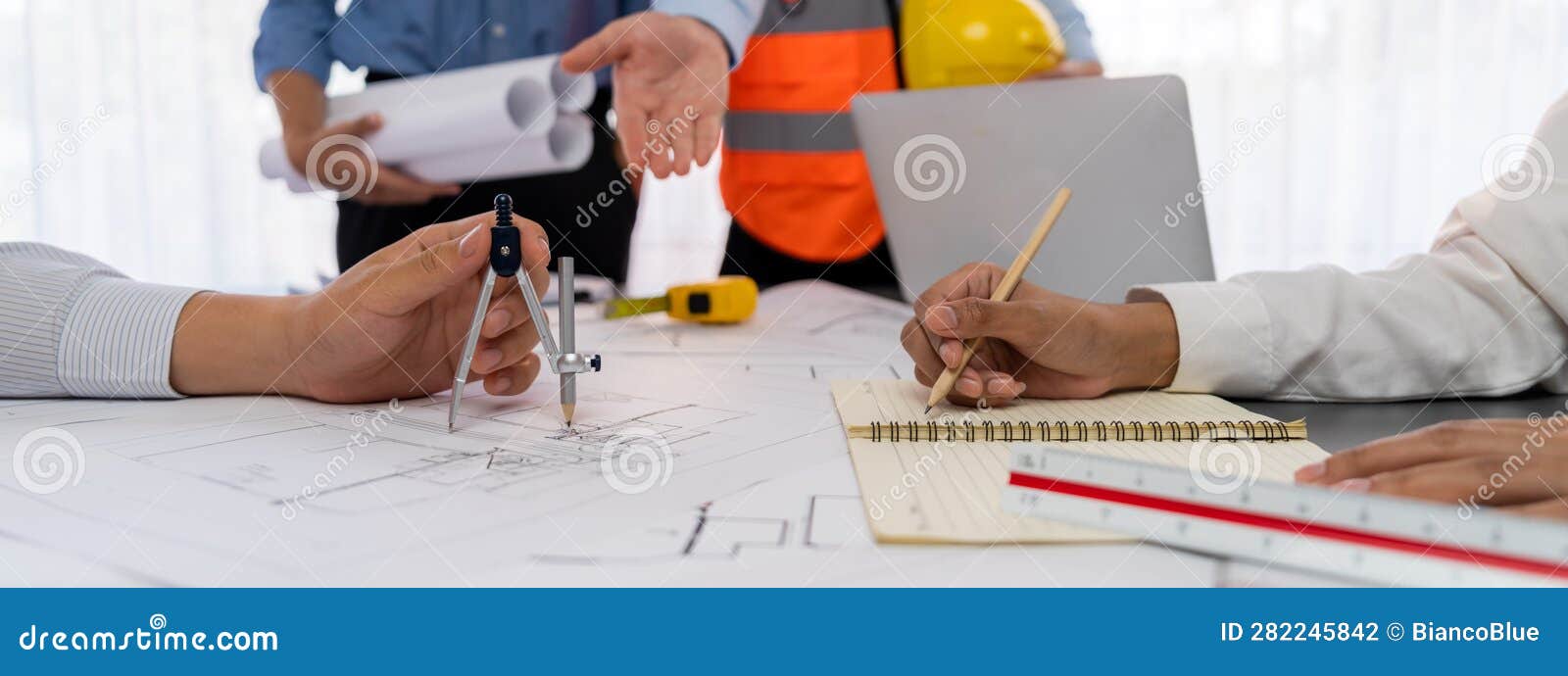 Architect or Engineer Working on Building Blueprint in Office. Insight ...