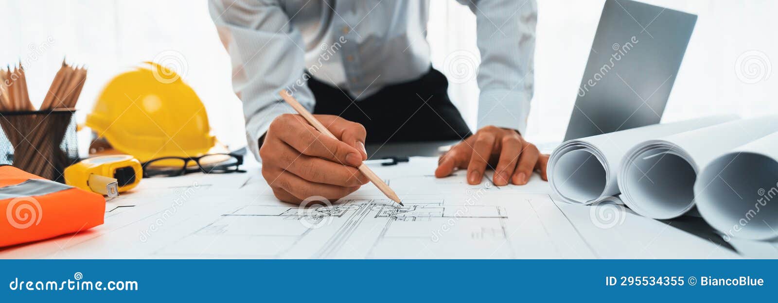 Architect or Engineer Working on Building Blueprint in Office. Insight ...