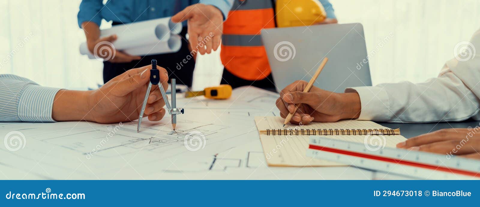 Architect or Engineer Working on Building Blueprint in Office. Insight ...