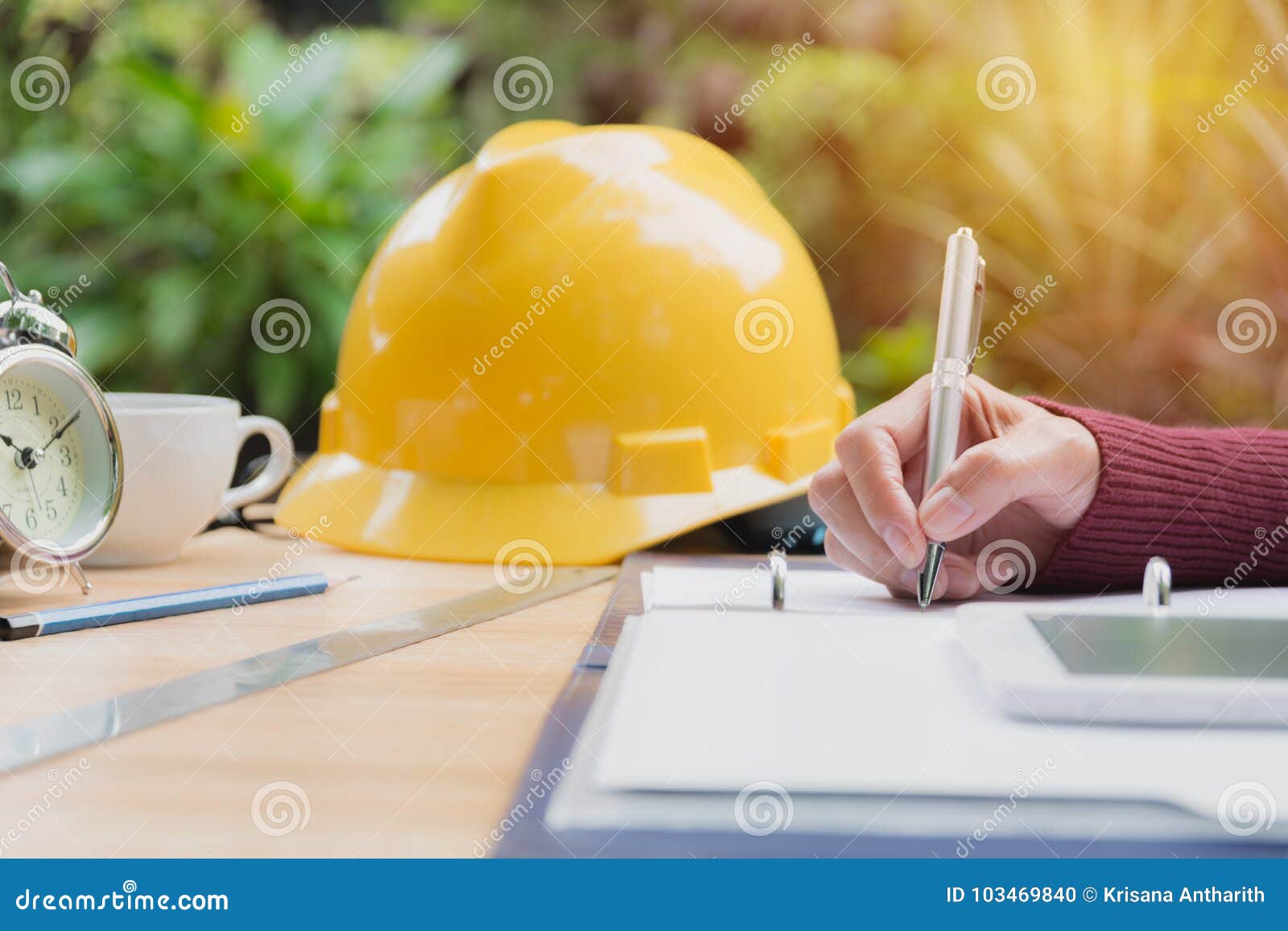 Architect Engineer Working Concept with Helmet, Alarm Clock. Stock ...