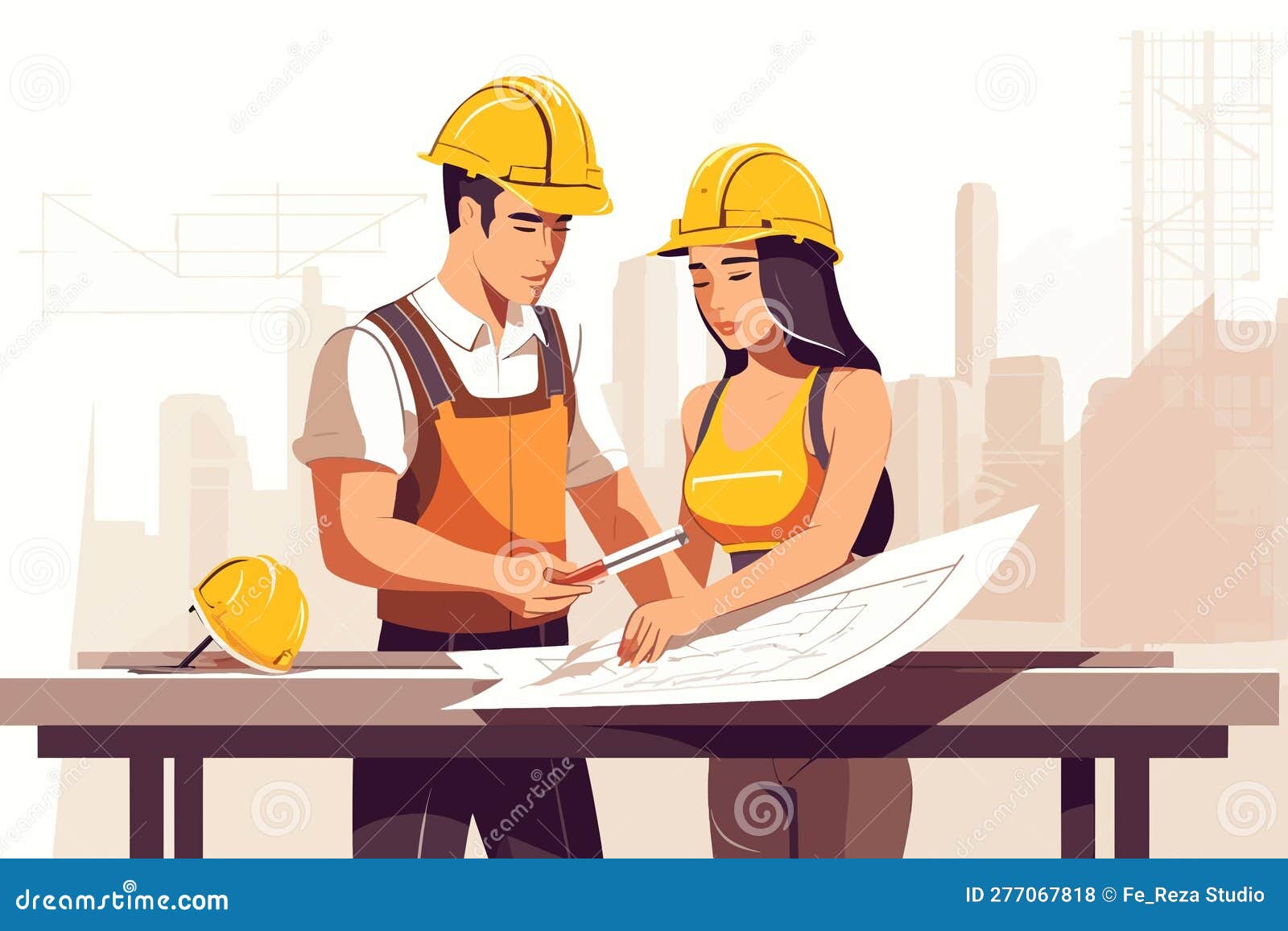 Architect and Engineer Working on Construction Site. Vector ...