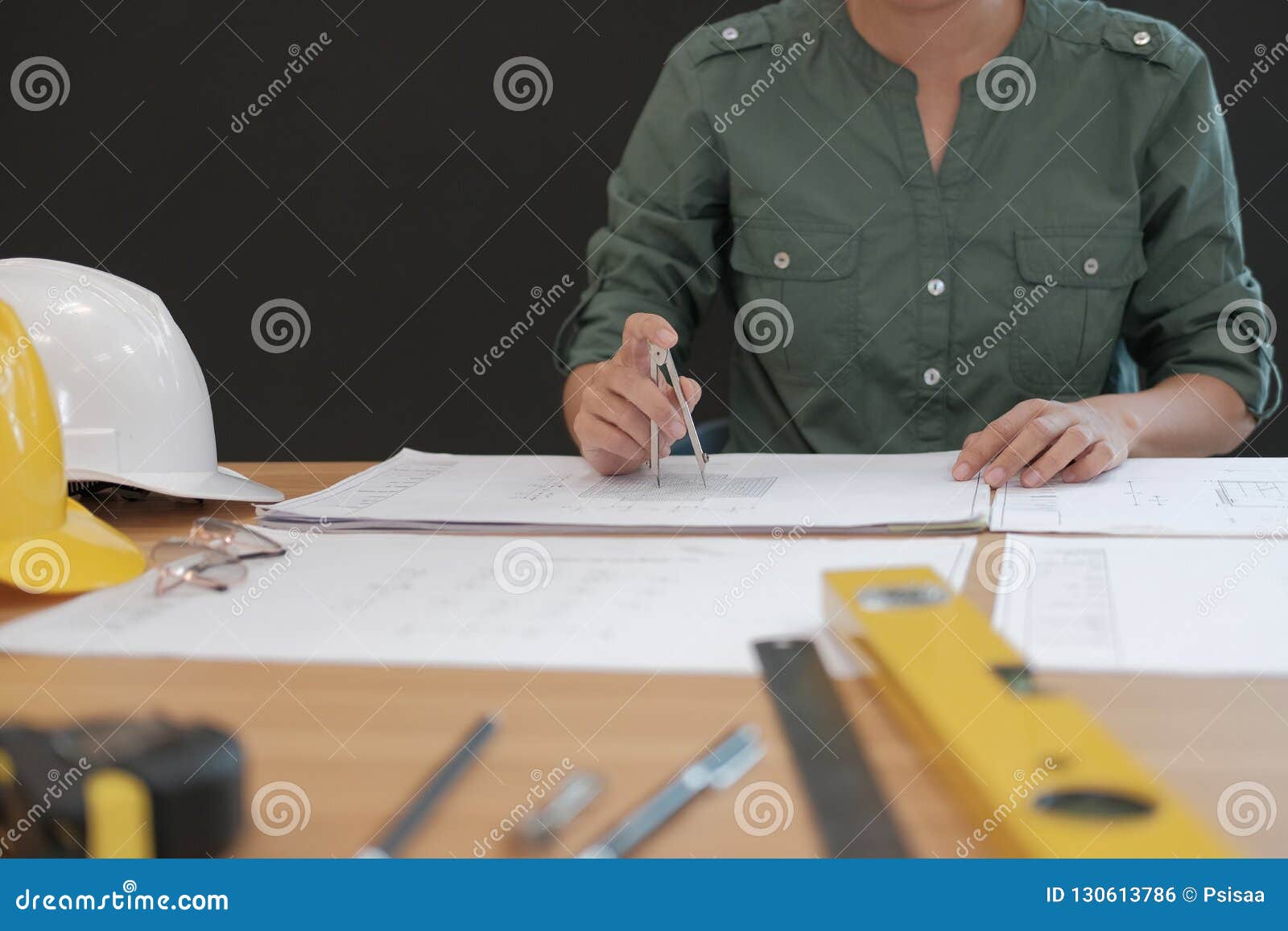 Architect Engineer Working on House Blueprint of Real Estate Pro Stock ...