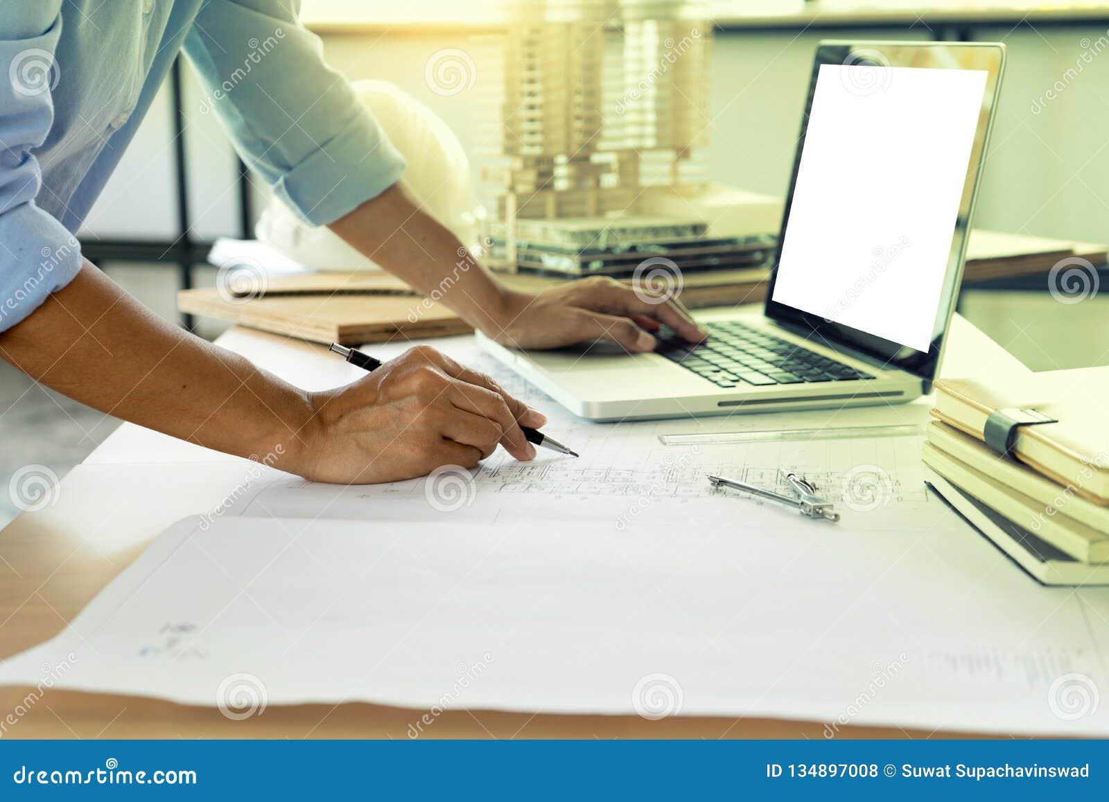 Architect or Engineer Working on Table Show Work Stock Photo - Image of ...