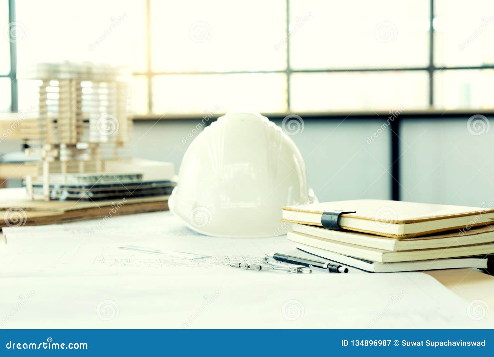 Architect or Engineer Working on Table Show Work Stock Image - Image of ...