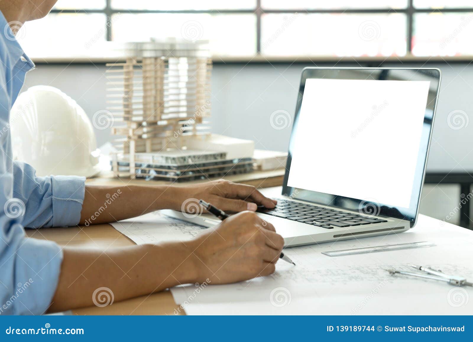 Architect or Engineer Working on Table Show Work Stock Photo - Image of ...