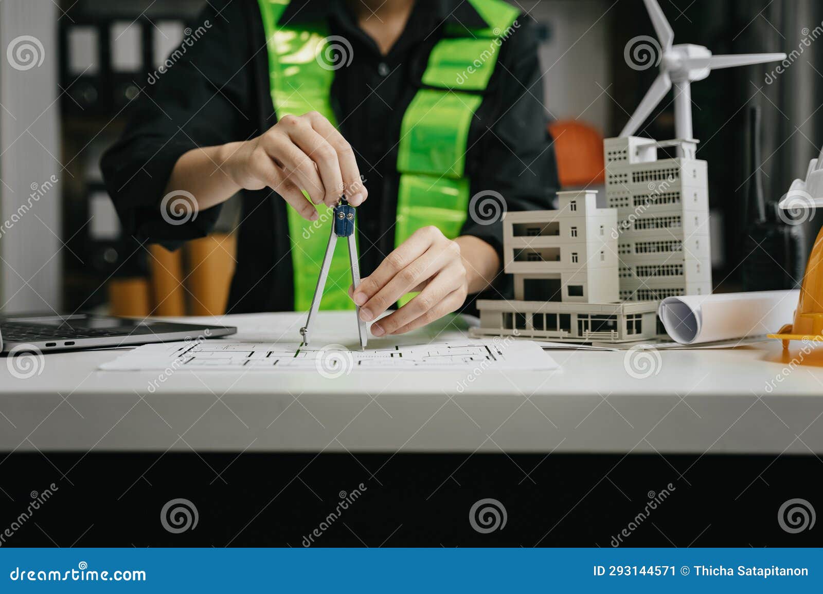 Architect or Engineer Working on Table Use Drawing Tool on the Paper ...