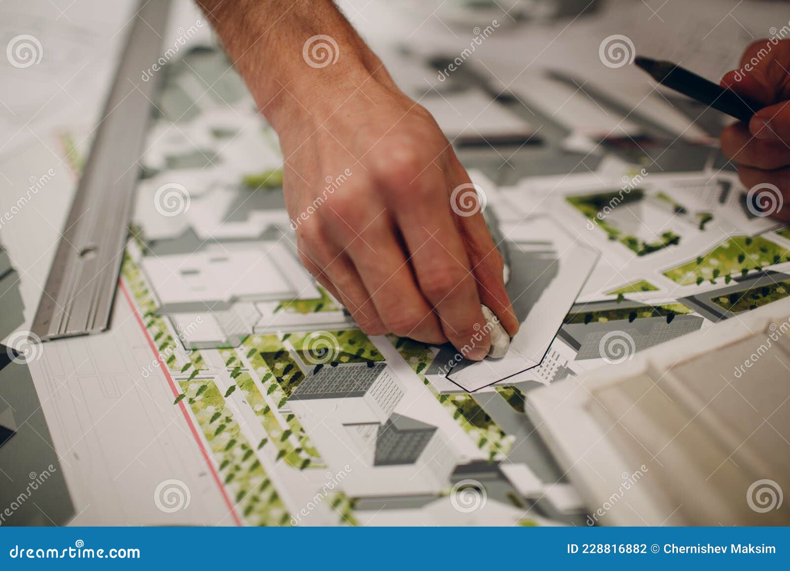 Architect with Eraser Rubber Blueprints and Layout Design Project at ...