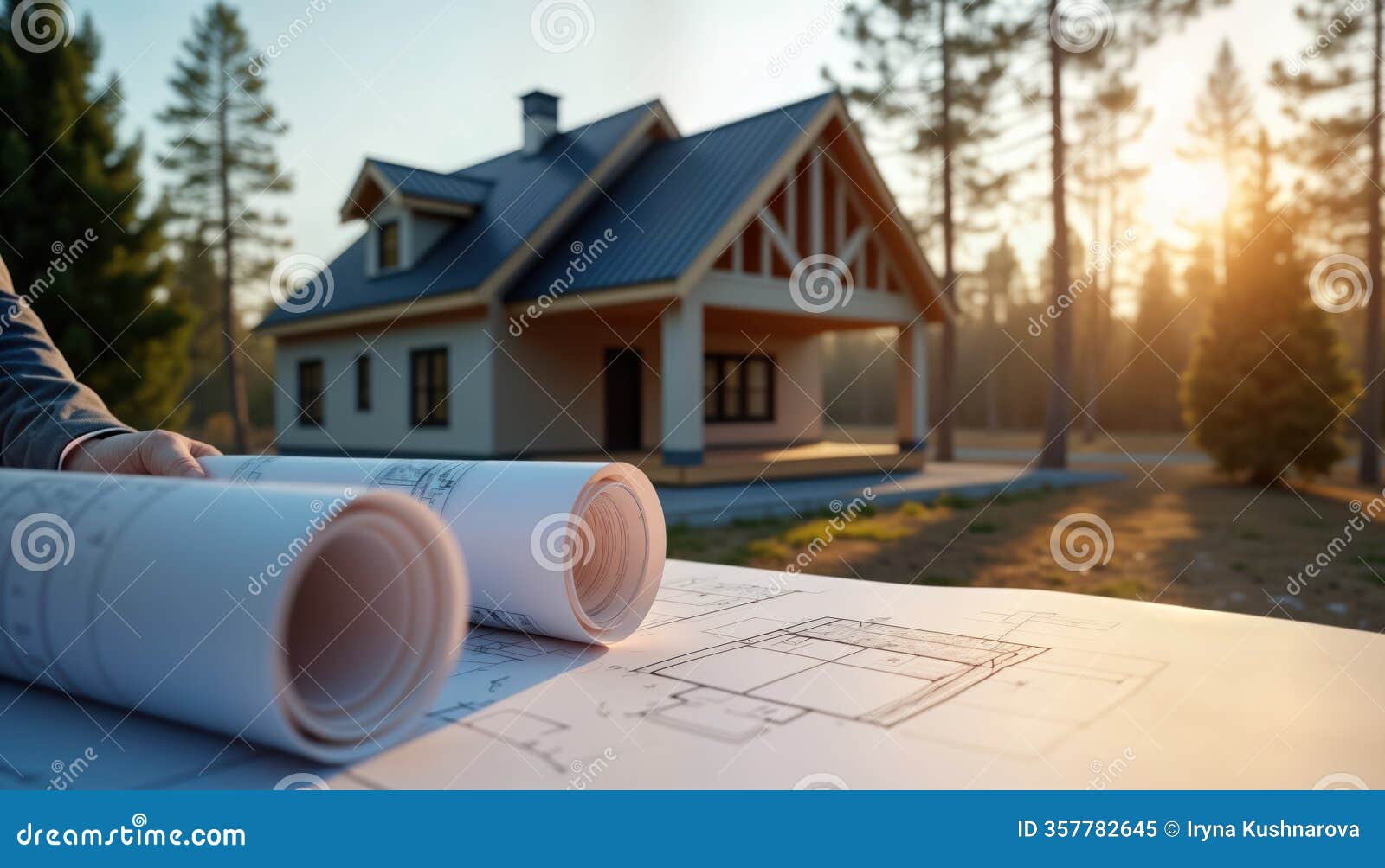 Architect Examines House Plans Outdoors. Pro Reviews Blueprints for New ...