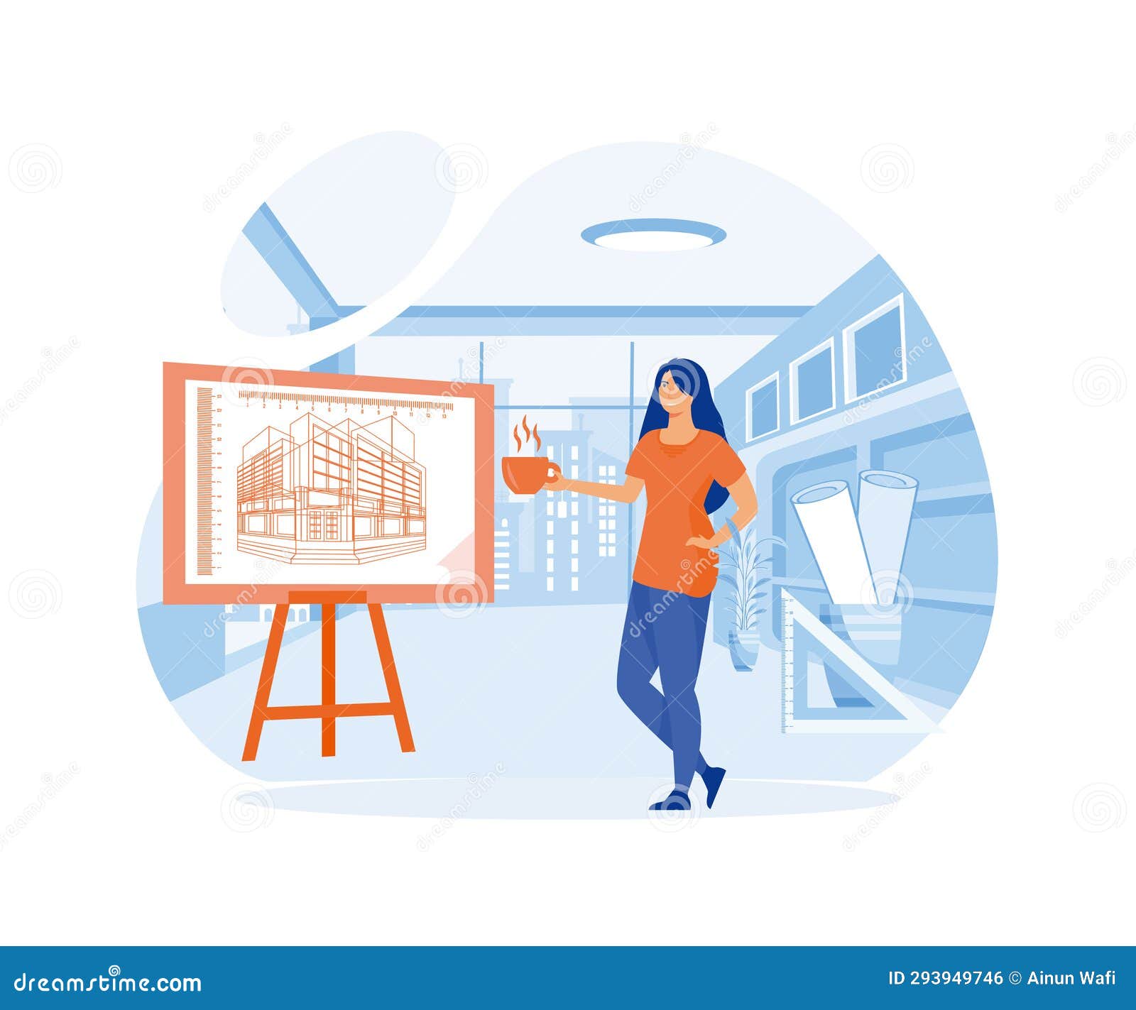 Architect Female Character Working On Blueprint. Building Construction ...