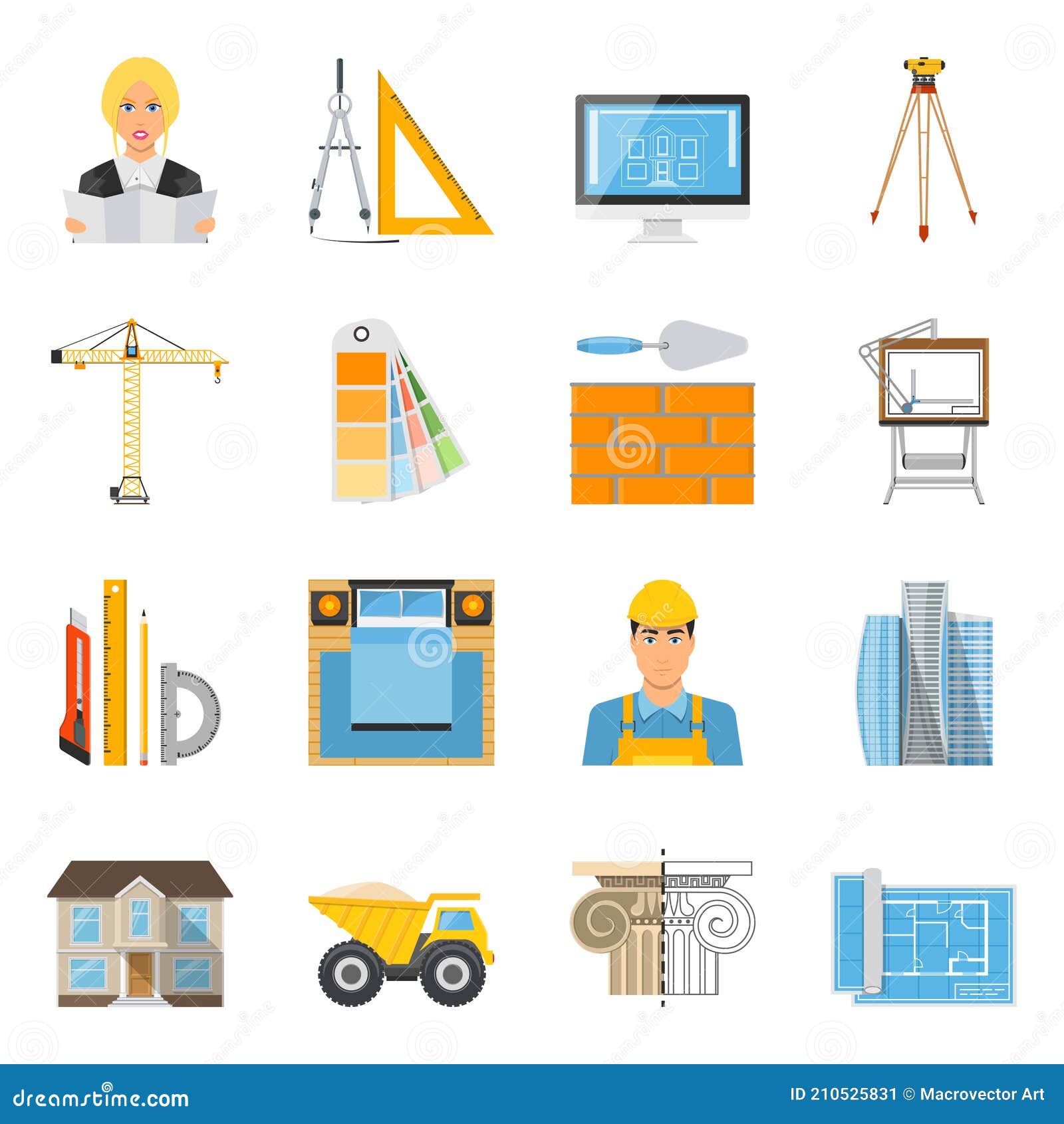 Architect Flat Colored Icons Collection Stock Vector - Illustration of ...