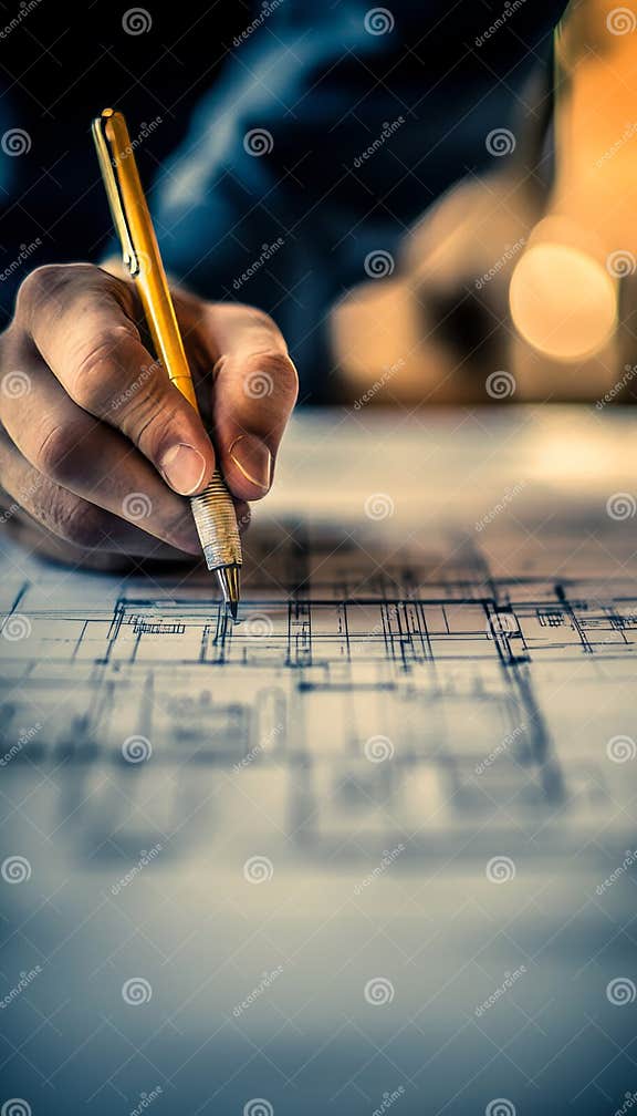 Architect Hand Drafting Detailed Architectural Blueprints, Construction and Design Concept Stock ...