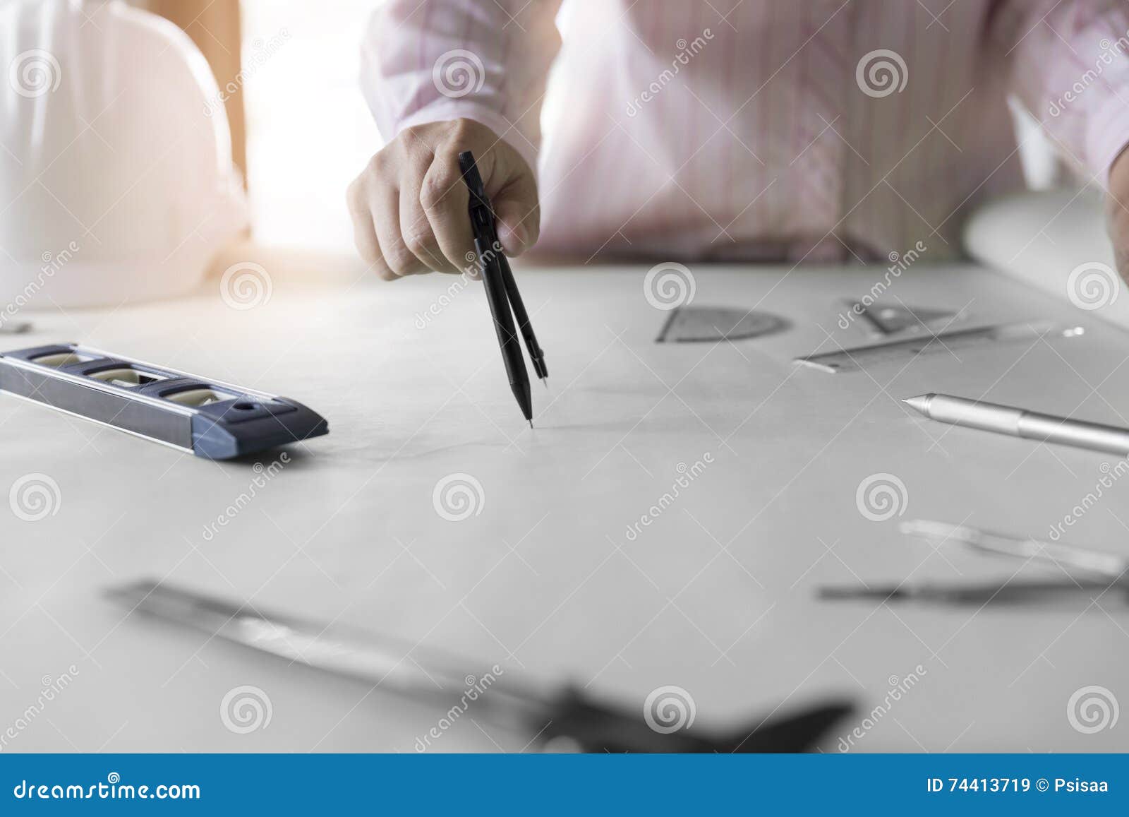 Architect Hand Holding Compass Working on Construction Project Stock ...