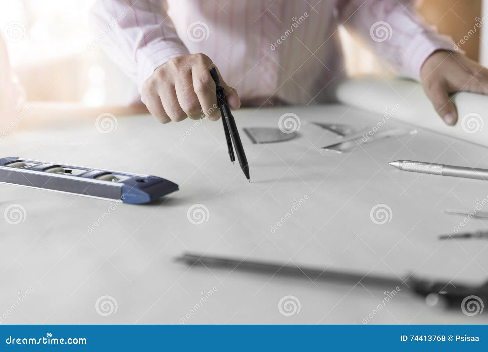 Architect Hand Holding Compass Working on Construction Project Stock ...
