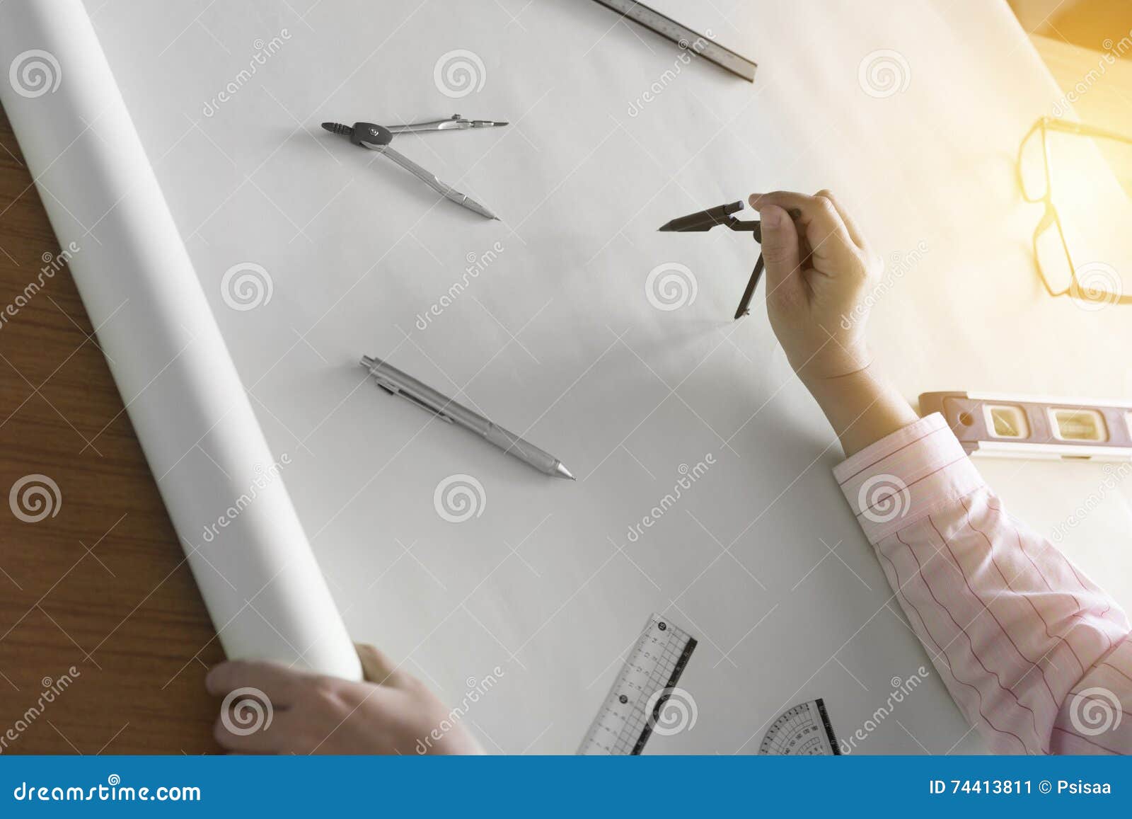 Architect Hand Holding Compass Working on Construction Project Stock ...