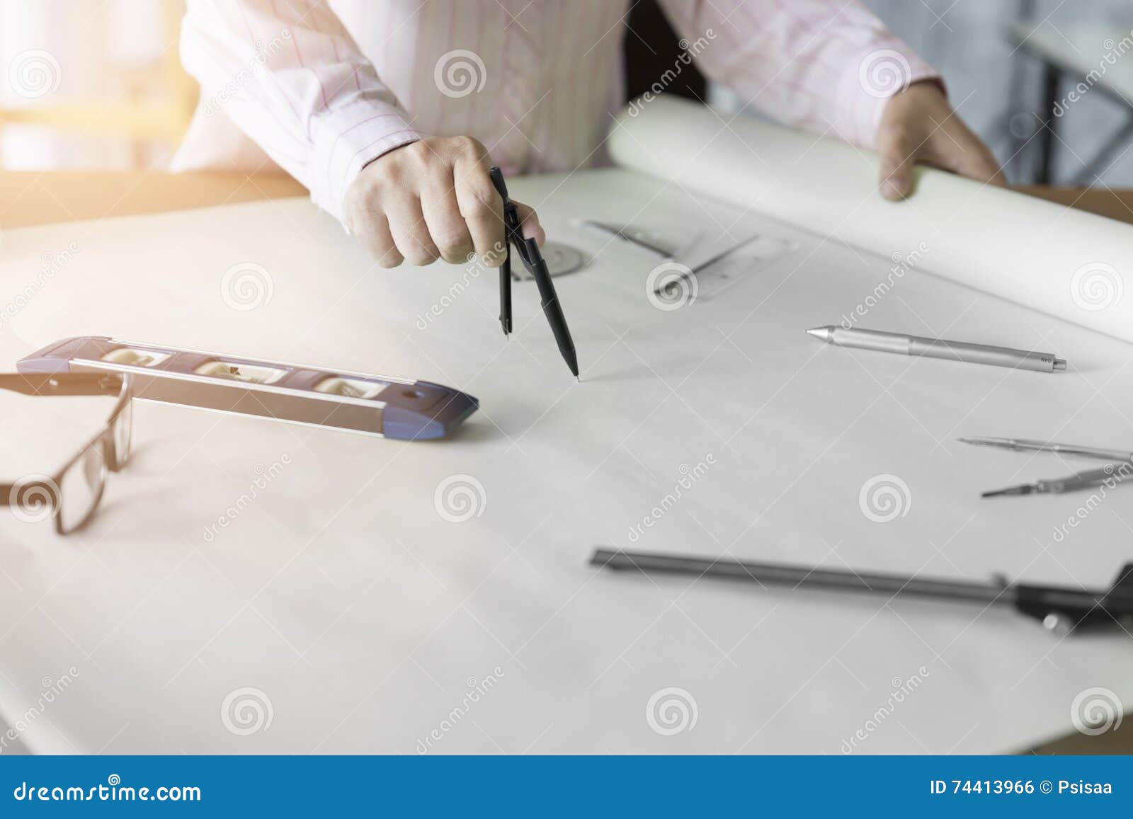 Architect Hand Holding Compass Working on Construction Project Stock ...