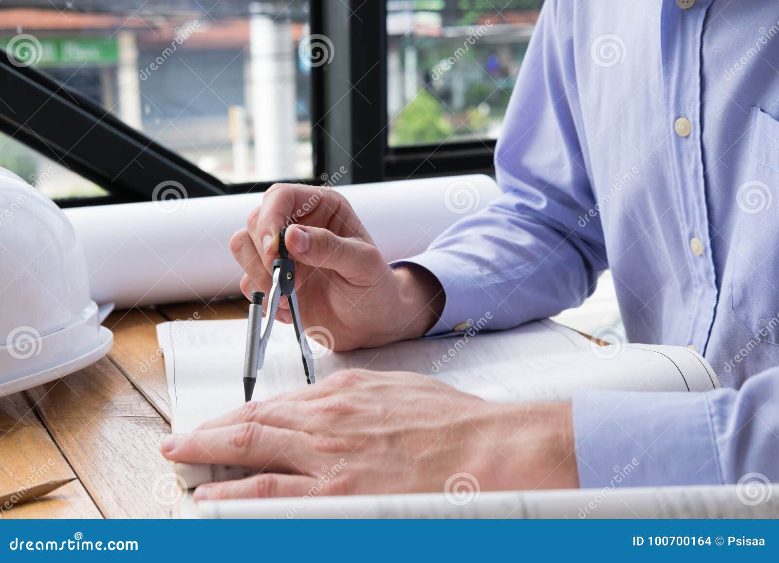 Architect Hand Holding Drawing Compass Working on Construction P Stock ...
