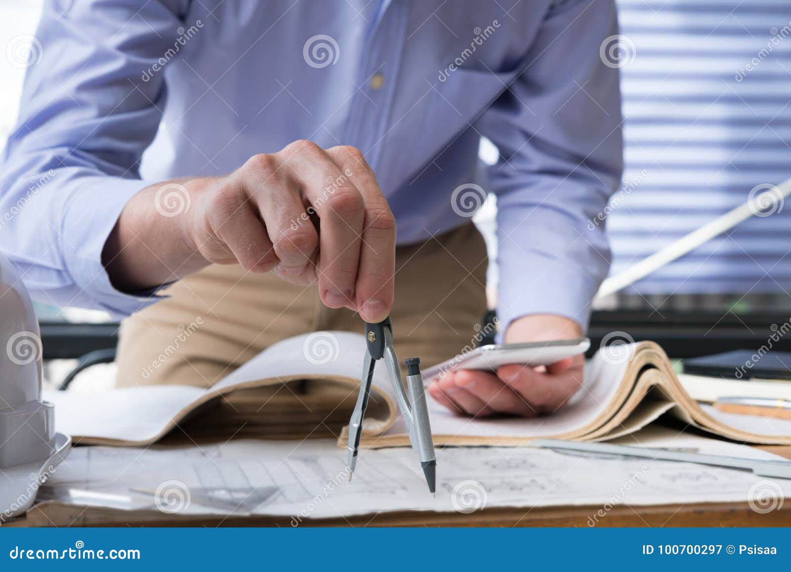 Architect Hand Holding Drawing Compass Working on Construction P Stock ...