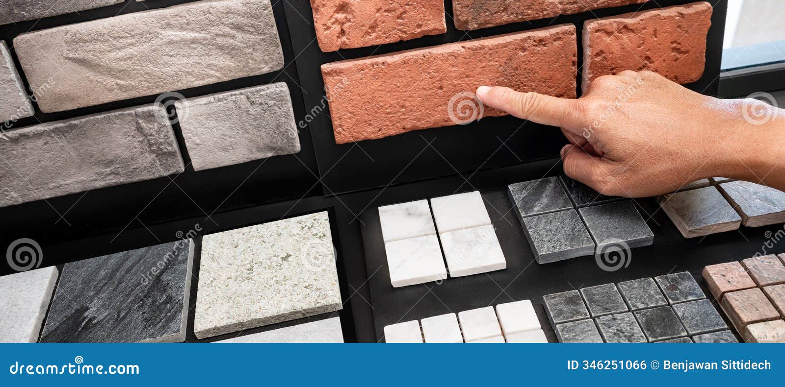 Architect Hand Pointing at Brick Pattern with Stone Tile Collection ...