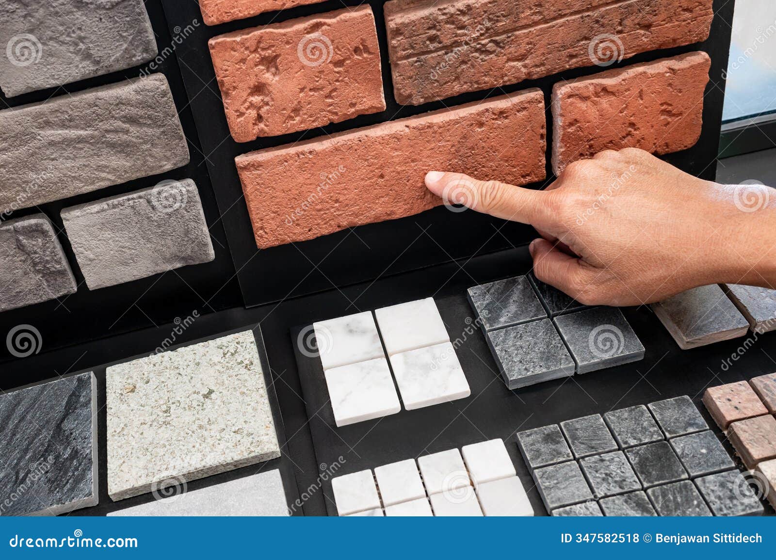 Architect Hand Pointing at Brick Pattern with Stone Tile Collection ...