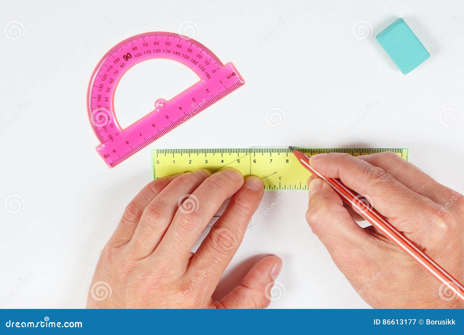 Hands Draw With A Pencil And Ruler On White Sheet Of Paper Royalty-Free ...