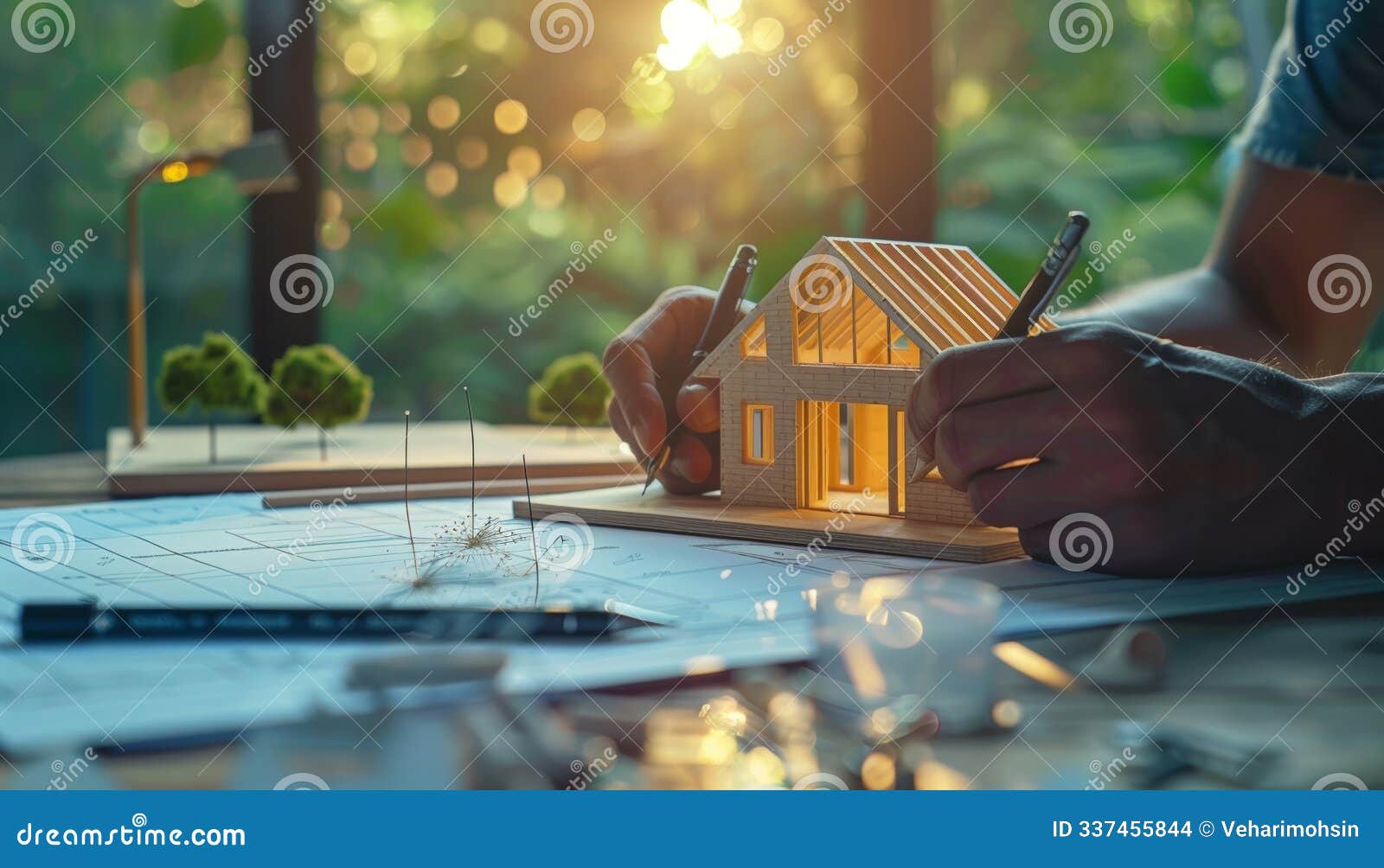Architect Hands Write Building Plan with Model House or Building on ...