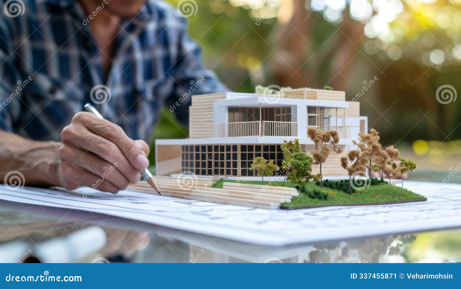 Architect Hands Write Building Plan with Model House or Building on ...
