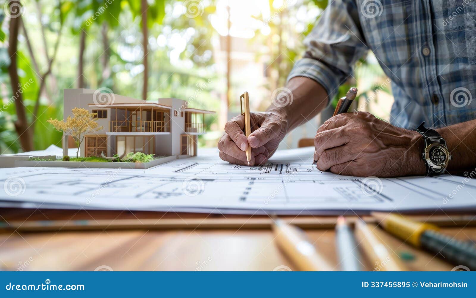 Architect Hands Write Building Plan with Model House or Building on ...