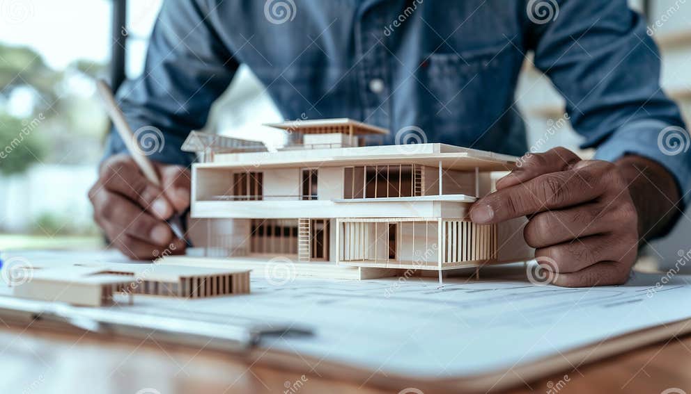 Architect Hands Write Building Plan with Model House or Building on ...