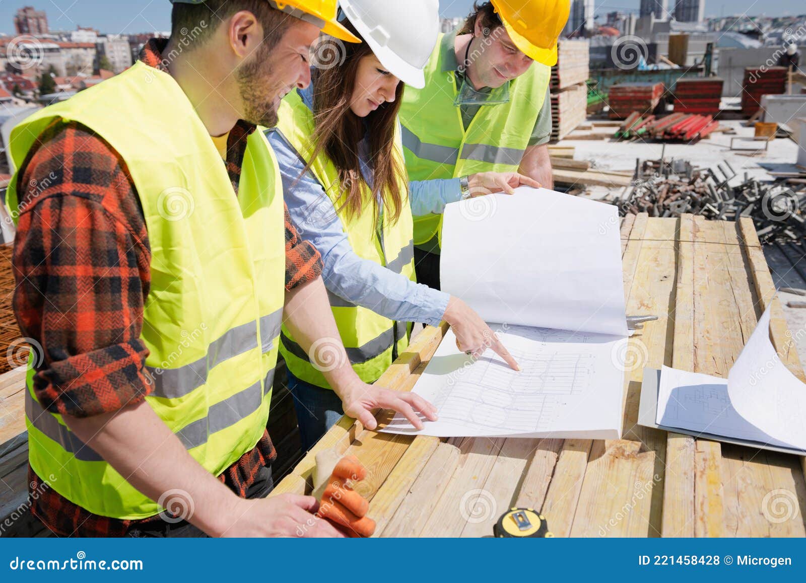Construction site meeting stock photo. Image of businesswoman - 221458428