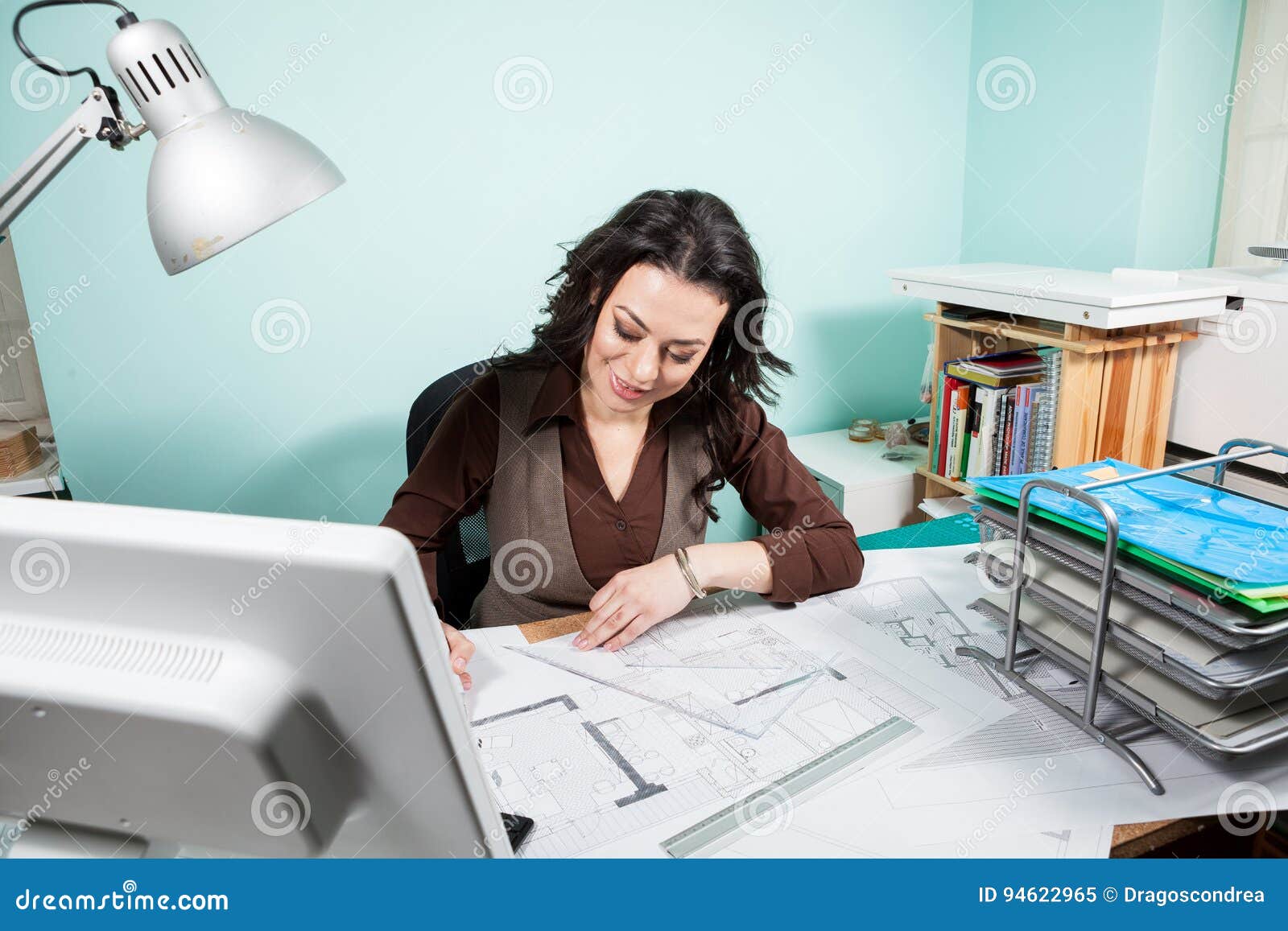 Architect at Her Working Desk with Blueprints in Front Stock Image ...