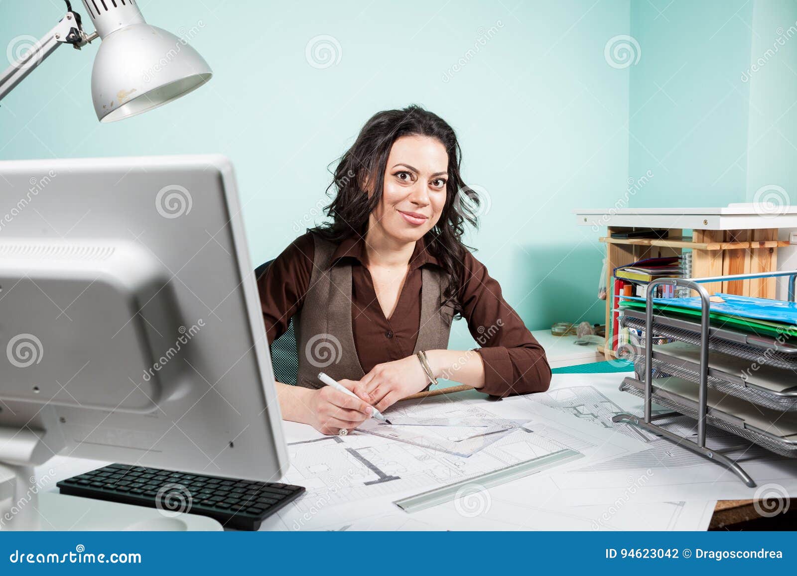 Architect at Her Working Desk Working on Blueprints Stock Photo - Image ...