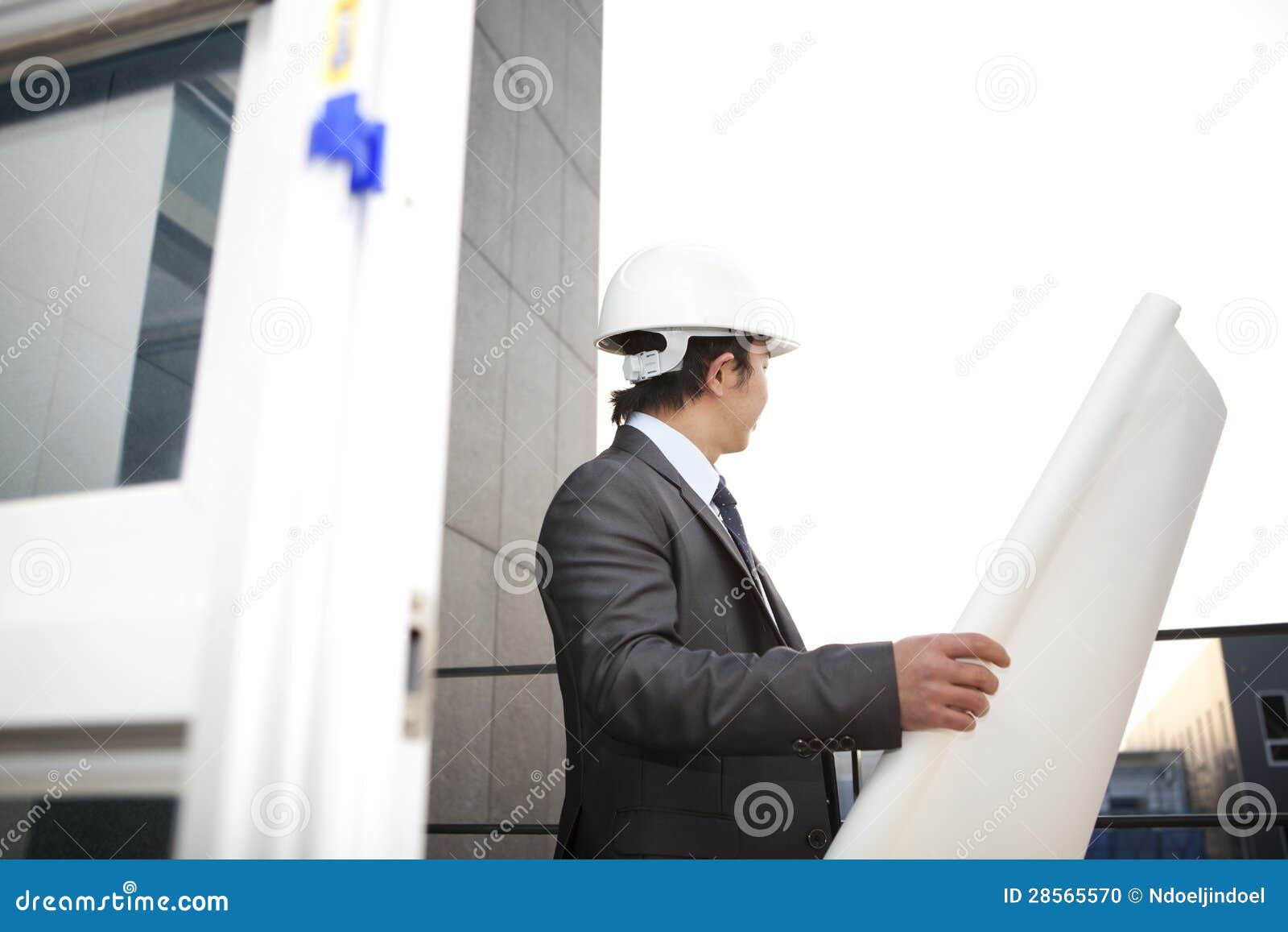 Architect Holding Blueprint Looking Construction Site Stock Photo ...