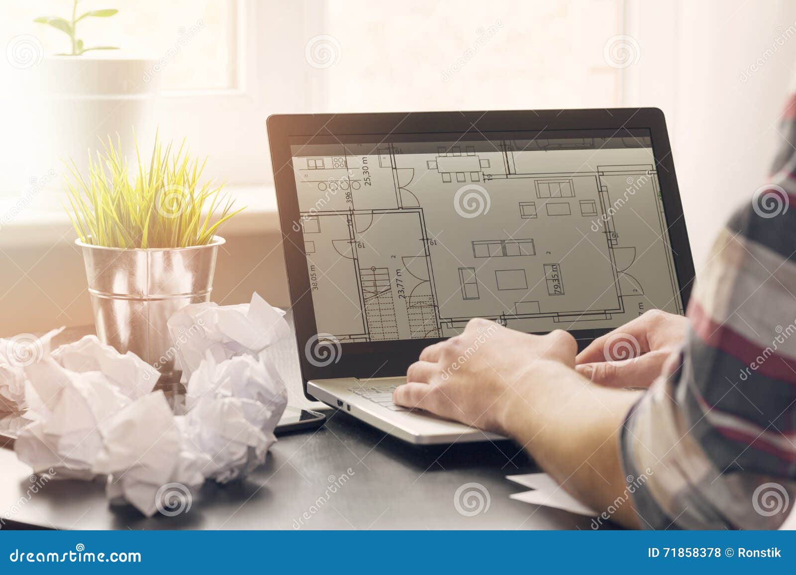 Architect, Interior Designer Working on Laptop with Floor Plans Stock ...