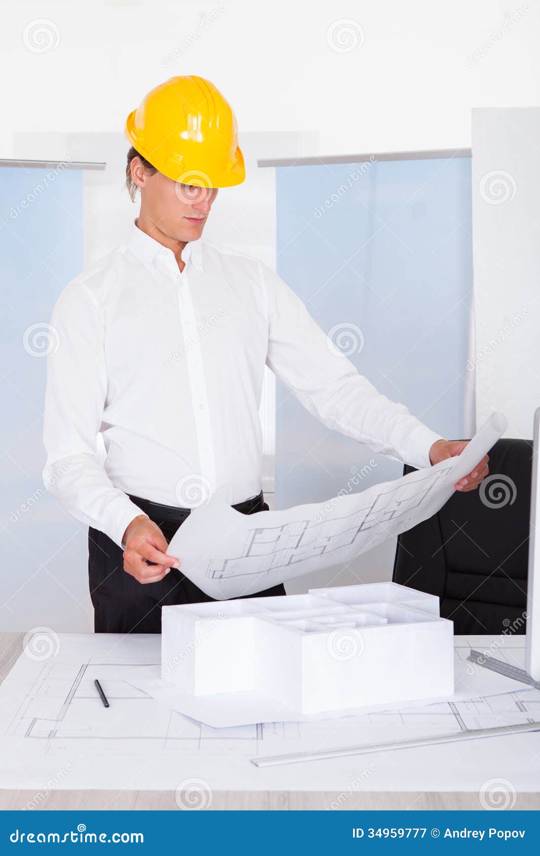 Architect Looking at Blueprint Stock Image - Image of construction ...