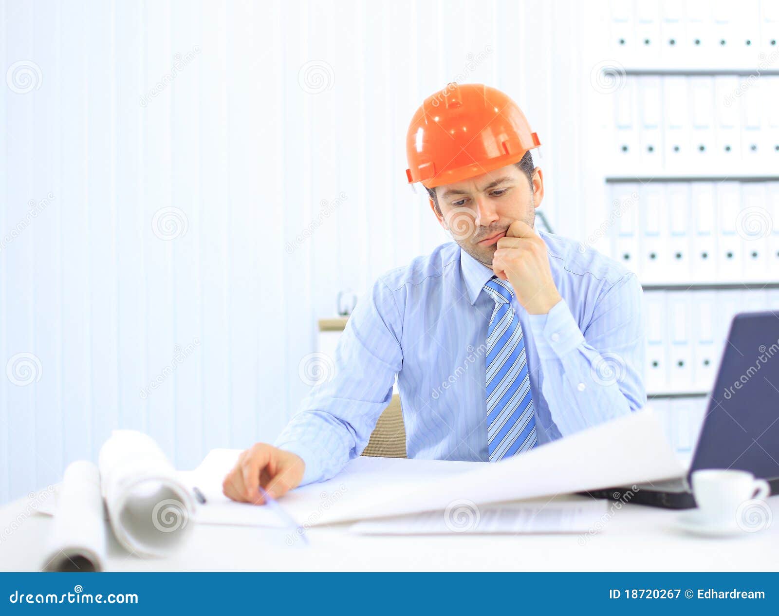 Architect Looking Working in Office at Desk. Stock Image - Image of ...