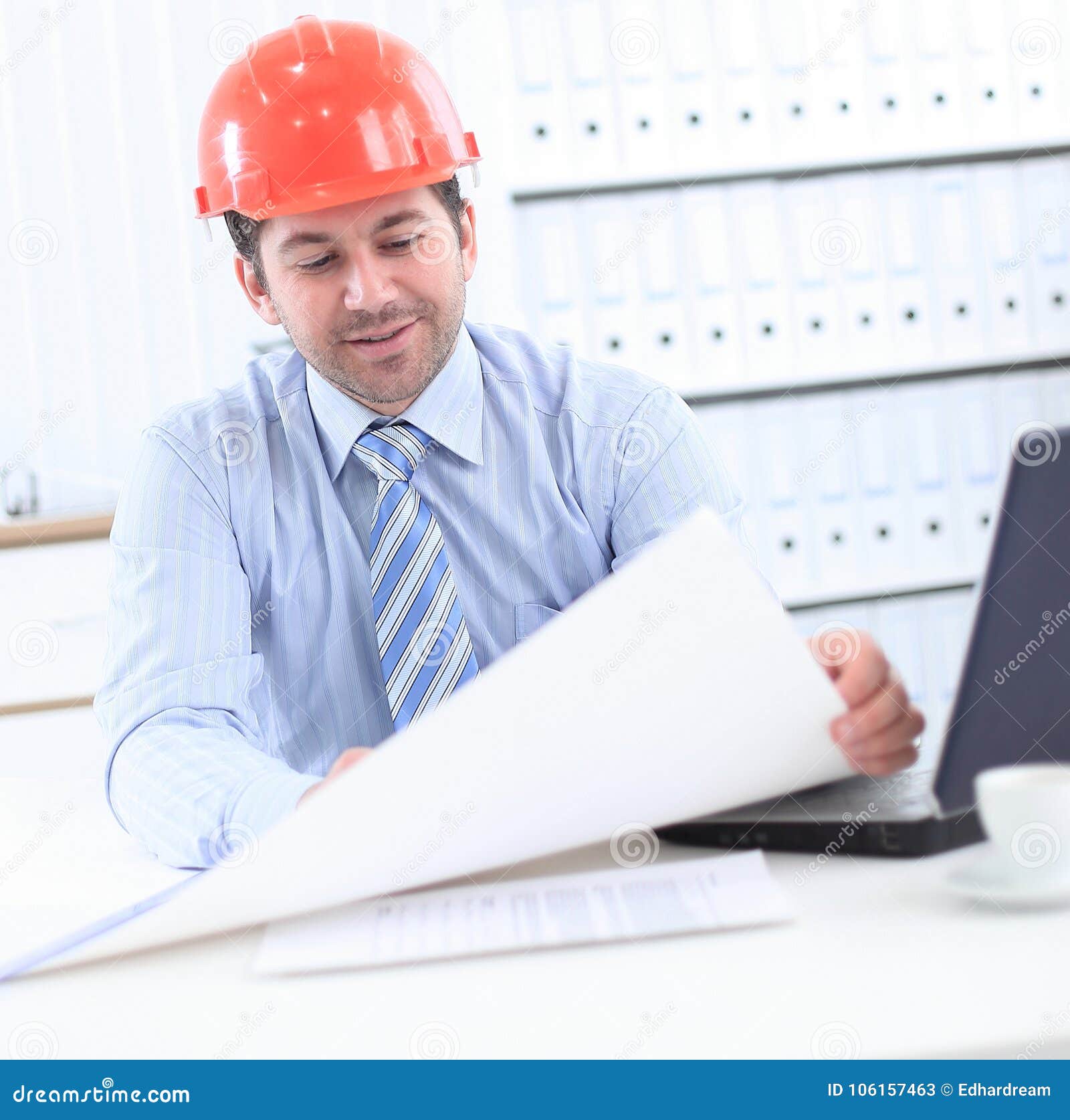 Architect Looking Working in Office at Desk. Stock Image - Image of ...
